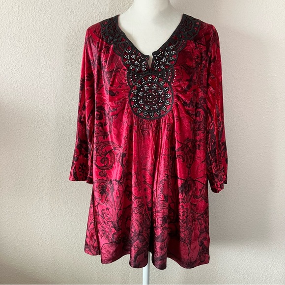 ONE WORLD | Tops | One World Red Velvet Velour Tunic Top Beaded ...